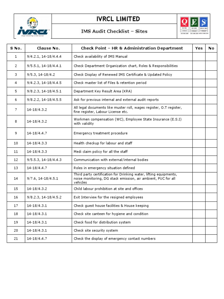 4.1 - IMS Check Lists - Site | PDF | Occupational Safety And Health | Audit