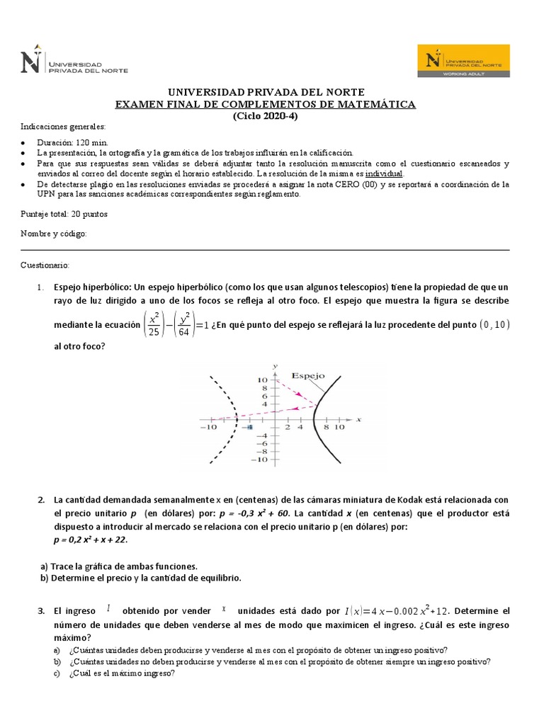 EXAMEN FINAL DE COMPLEMENTOS DE MATEMATICA - 2020-4 - r1 | PDF | Enseñanza de matemática | Science