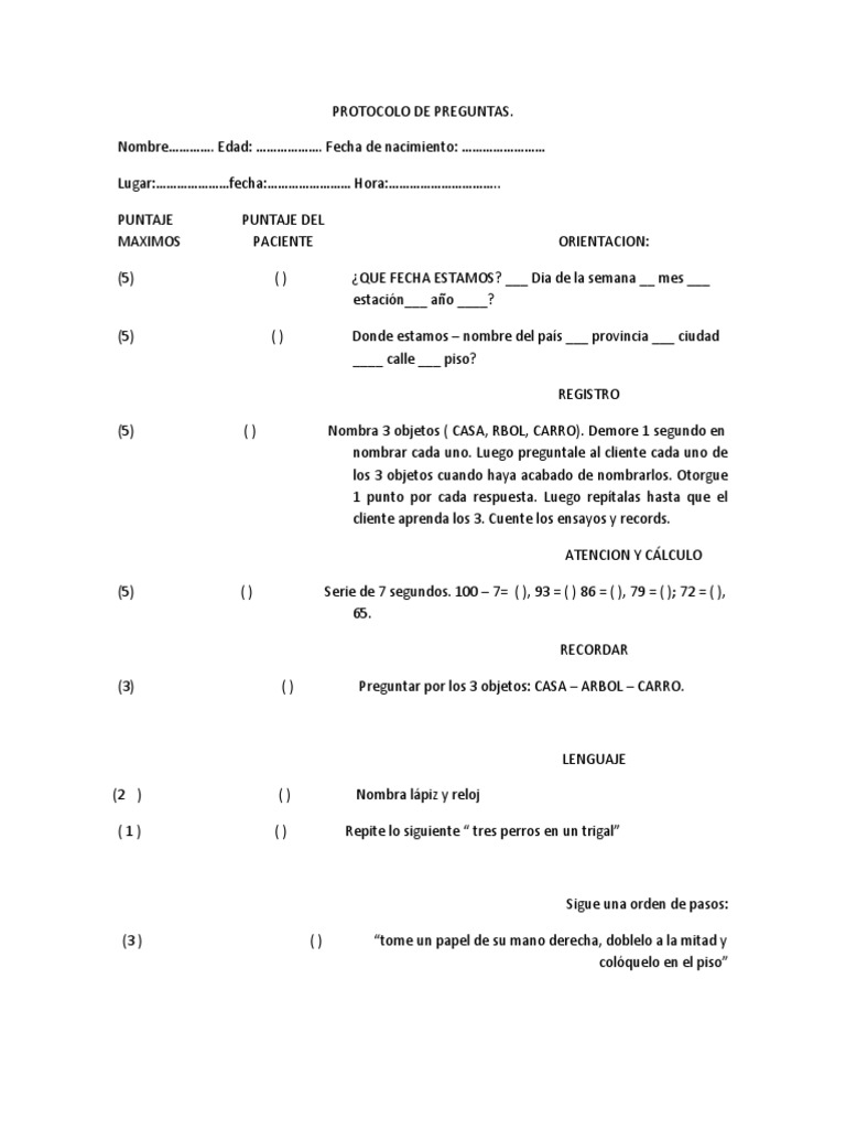 Test Mini Mental de Folstein | PDF