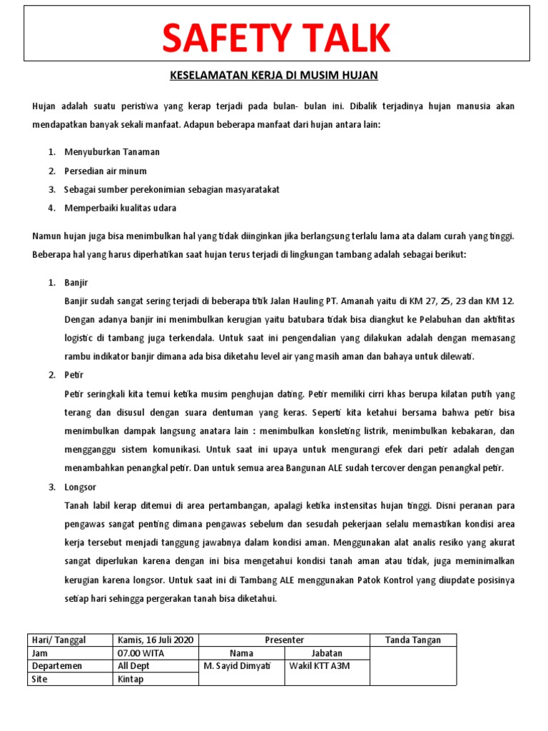 Safety Talk 16 Juli 2020 | PDF