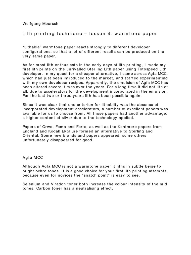 Lith Printing Technique - Lesson 4: Warmtone Paper: Agfa MCC | PDF ...