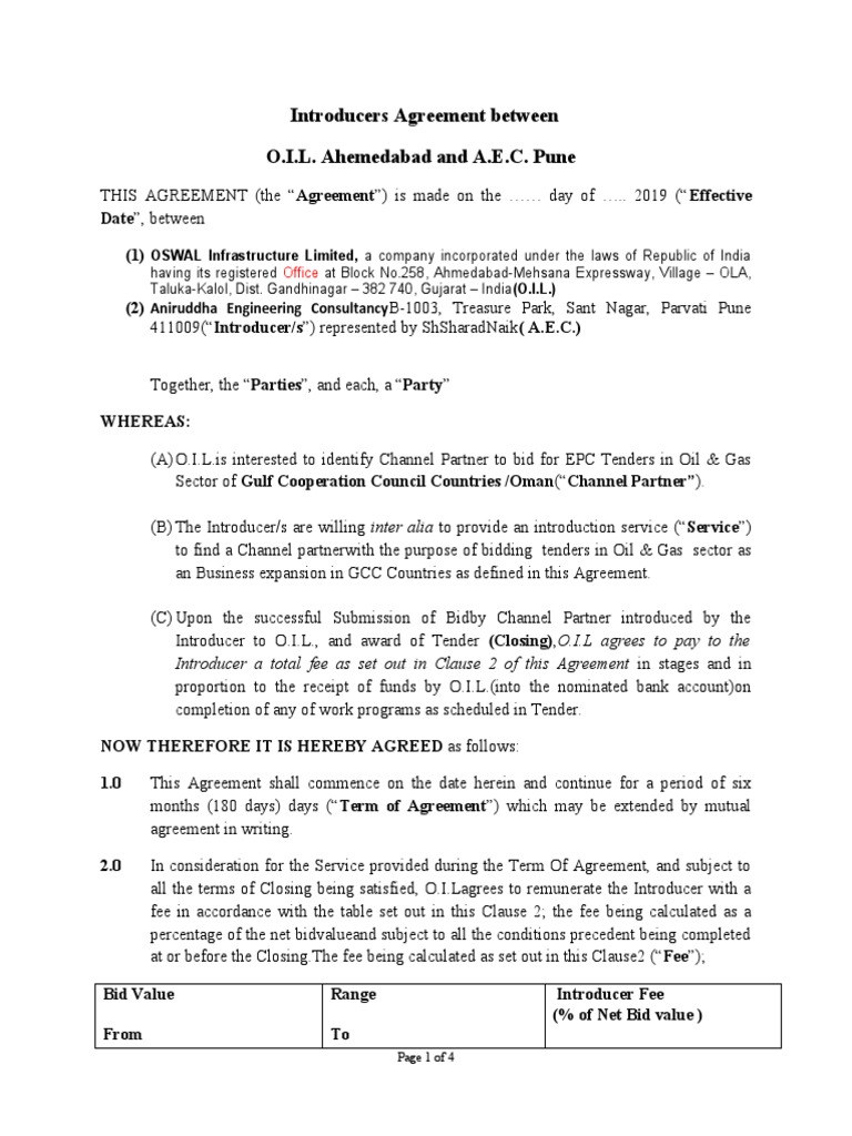 Introducers Agreement O.I.L.Ahmedabad and AEC Pune | PDF ...