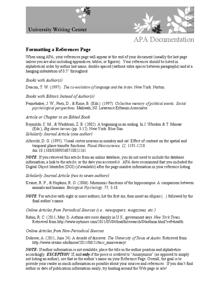 APA Documentation: Formatting A References Page | PDF | Citation | Apa ...