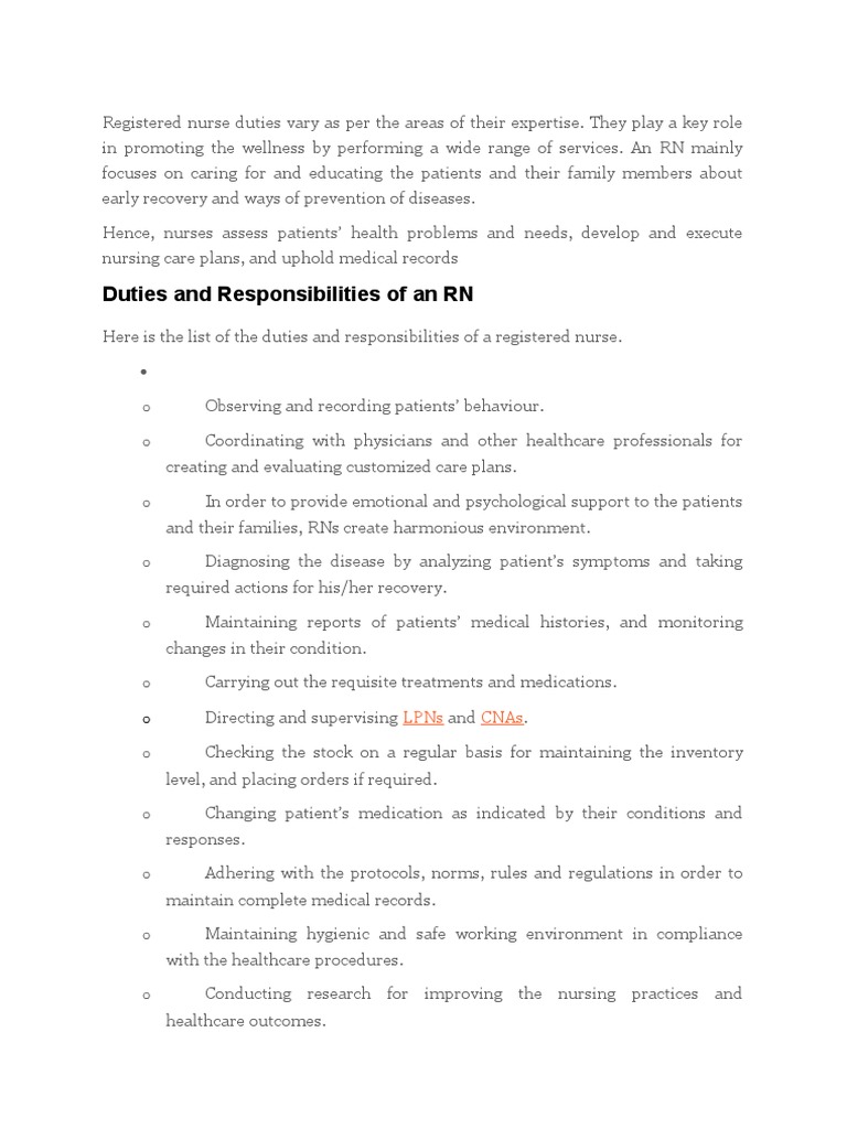 Duties and Responsibilities of An RN: Lpns Cnas | Download Free PDF ...