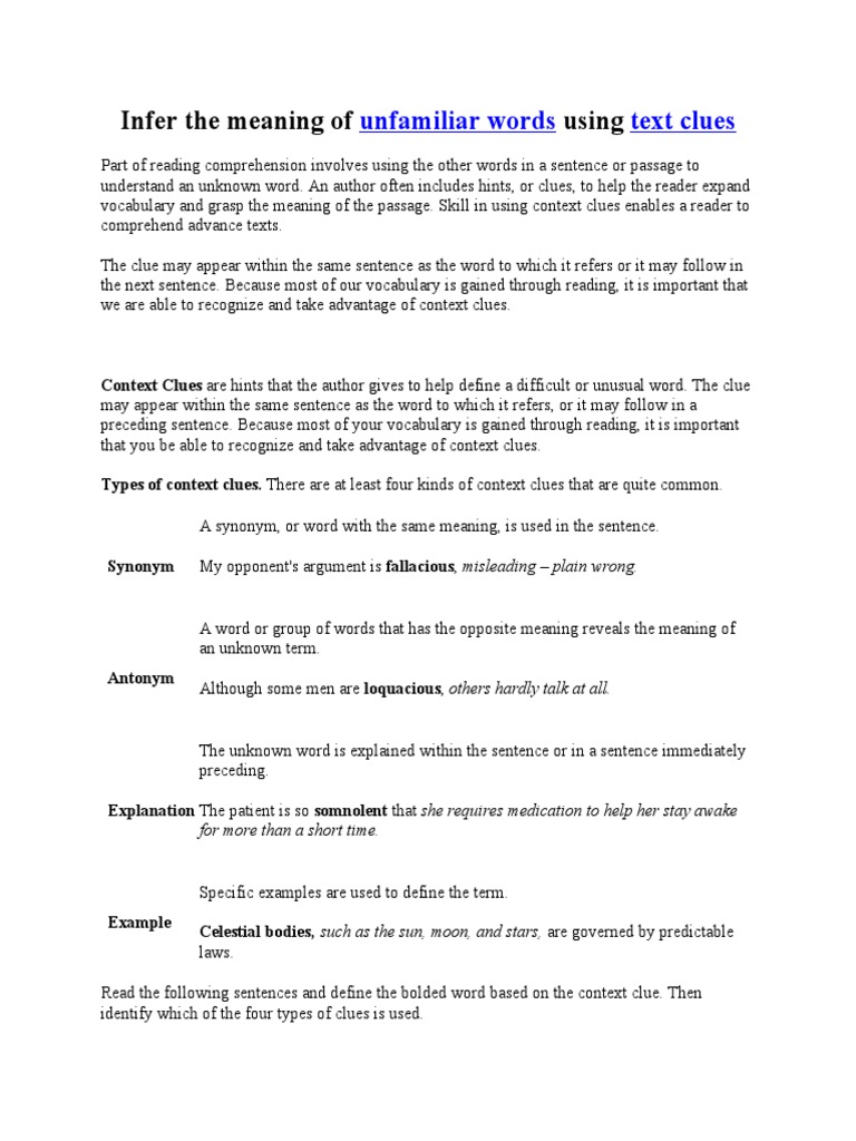 Infer The Meaning of Unfamiliar Words Using Text Clues | PDF | Reading ...