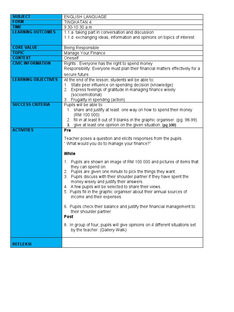 Managing Finances: Lesson Plan for Students | PDF