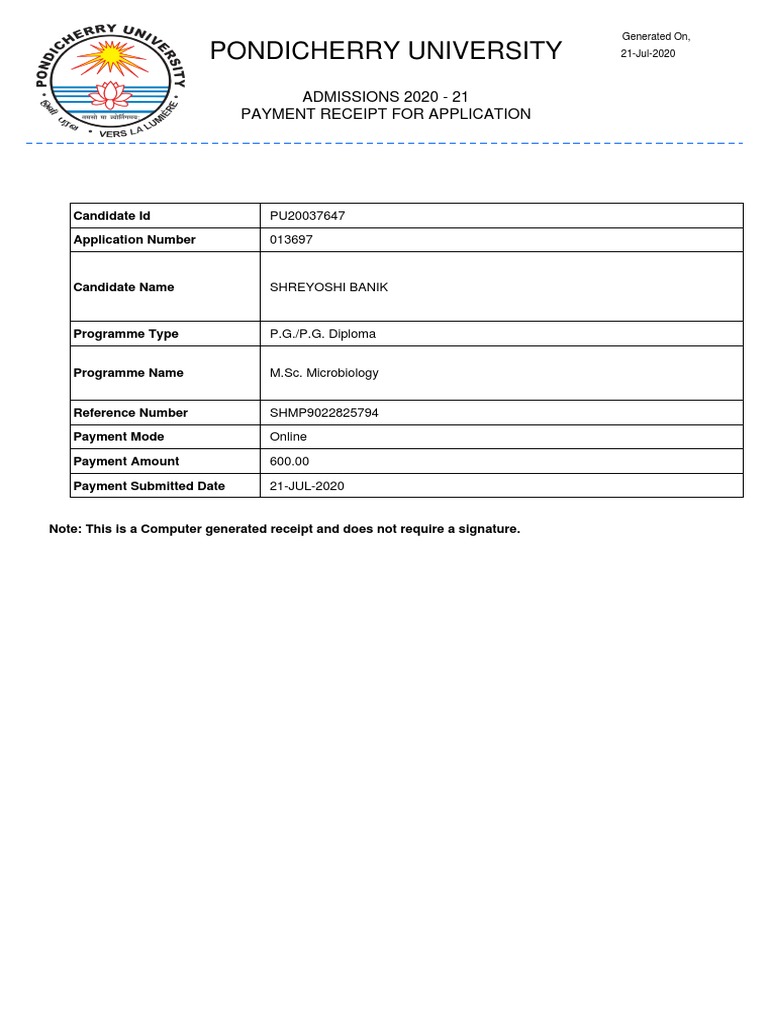 Pondicherry University: ADMISSIONS 2020 - 21 Payment Receipt For ...