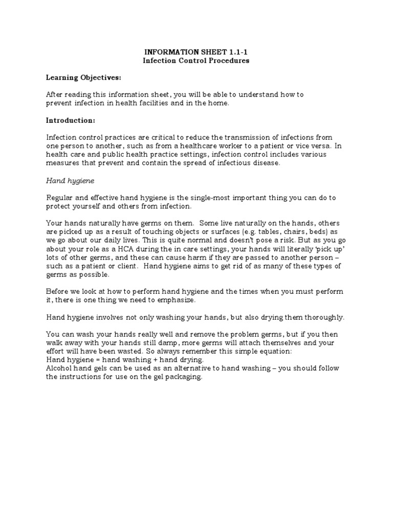 Info Sheet Infection Control | PDF | Infection Control | Hygiene
