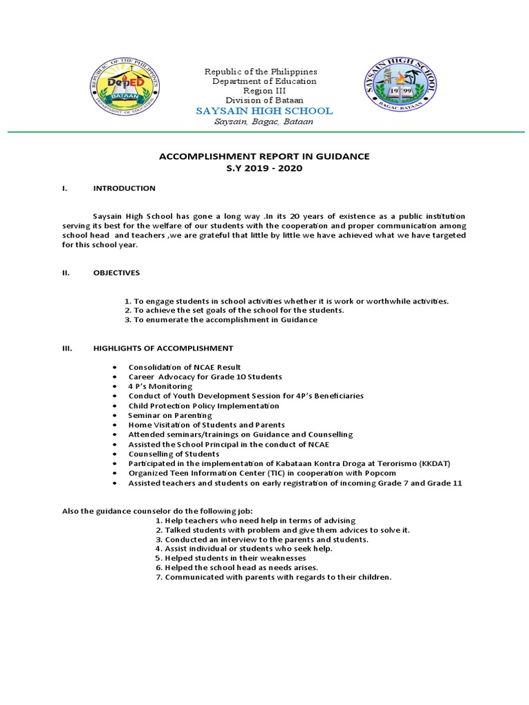 Accomplishment Report in Guidance S.Y 2019 - 2020: Saysain High School ...