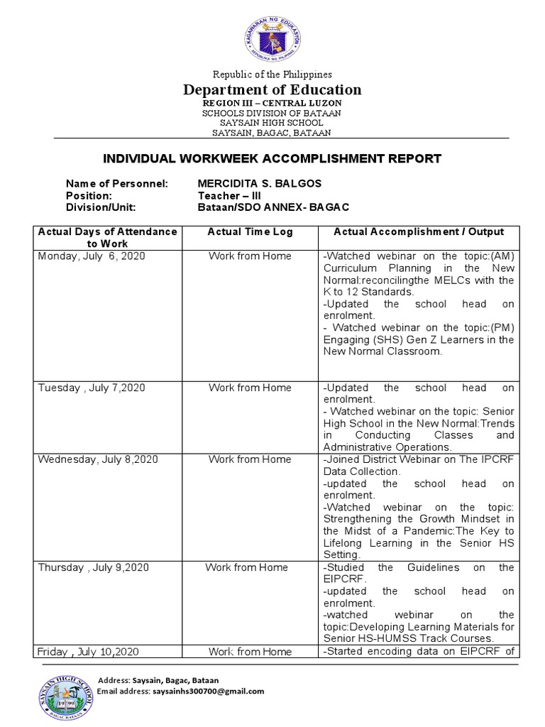 Department of Education: Individual Workweek Accomplishment Report ...