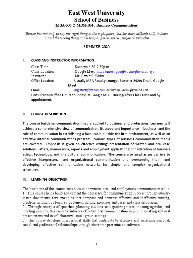 EWU-SUM-20-MBA-506 Course Outline | PDF | Test (Assessment) | Communication