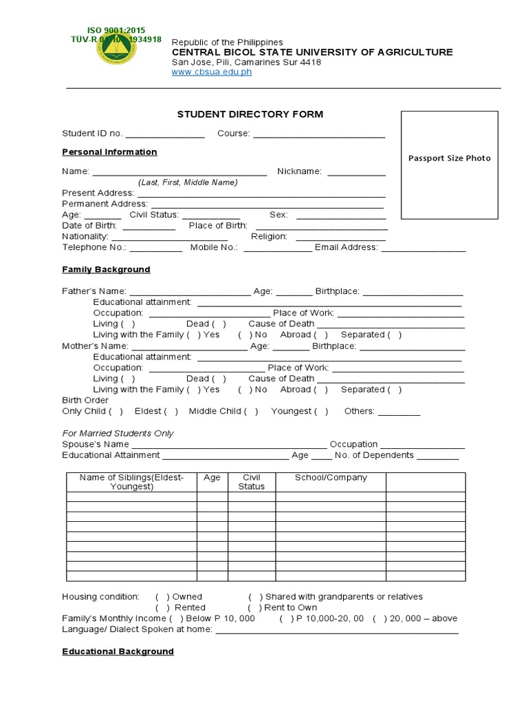 Student Directory Form: Central Bicol State University of Agriculture ...
