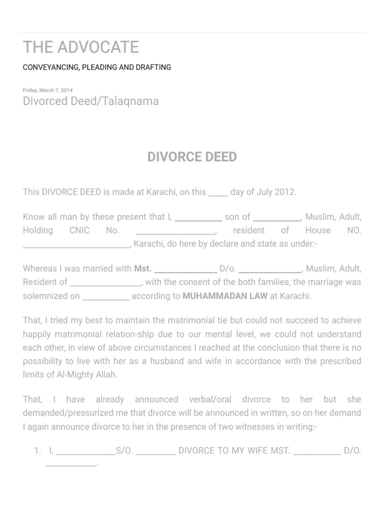 THE ADVOCATE - Divorced Deed - Talaqnama PDF | PDF | Marriage | Divorce
