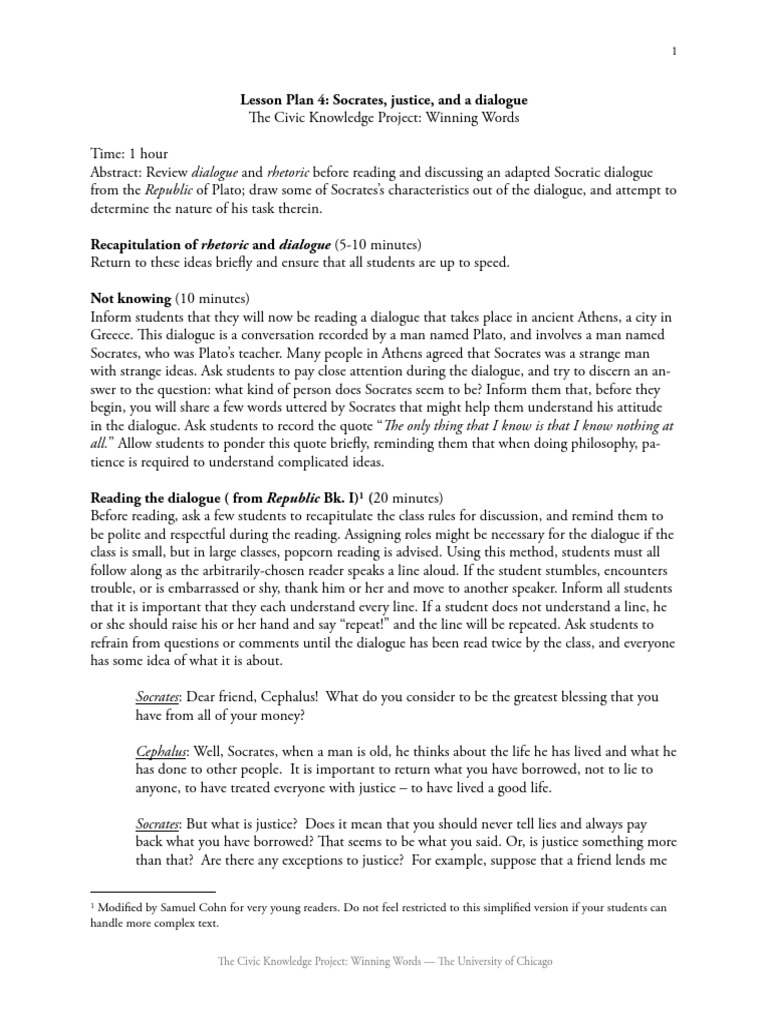 Lesson Plan 4: Socrates, Justice, and A Dialogue: e Civic Knowledge ...