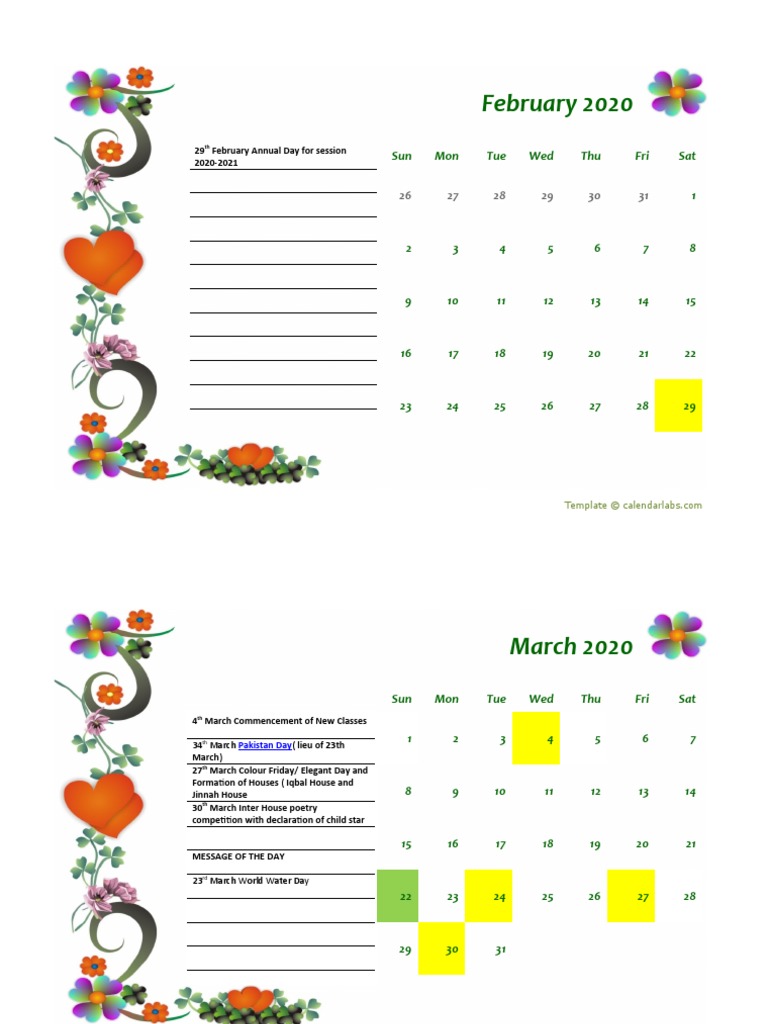 2020 Calendar The Pride School | PDF