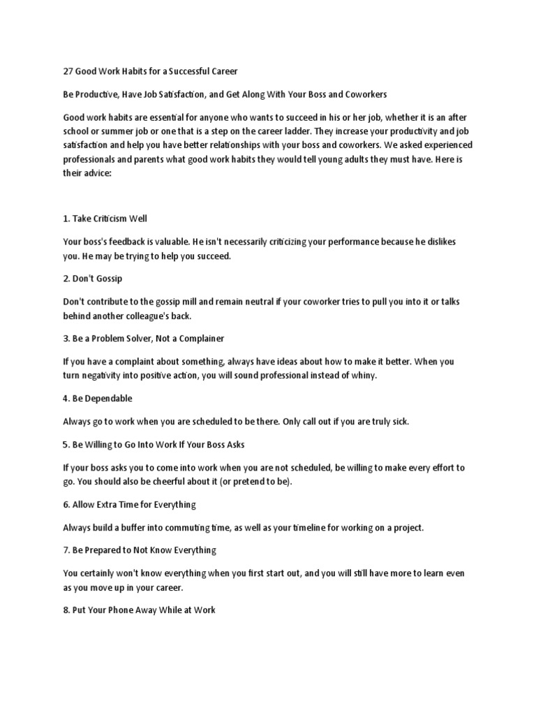 27 Good Work Habits For A Successful Career | PDF | Behavioural ...