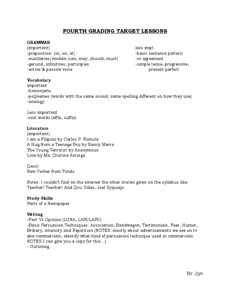 Fourth Grading Target Lessons | PDF | Grammar | Linguistics