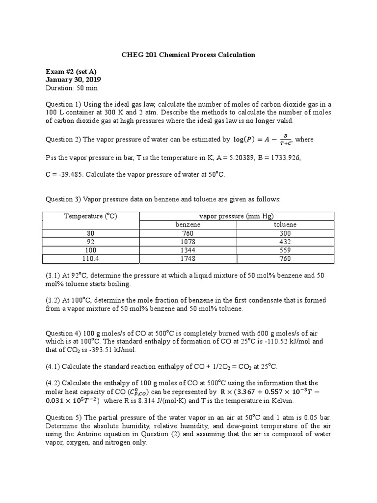 Exam #2 (Set A) For Chemical Process Calculation 2018 PDF | PDF ...