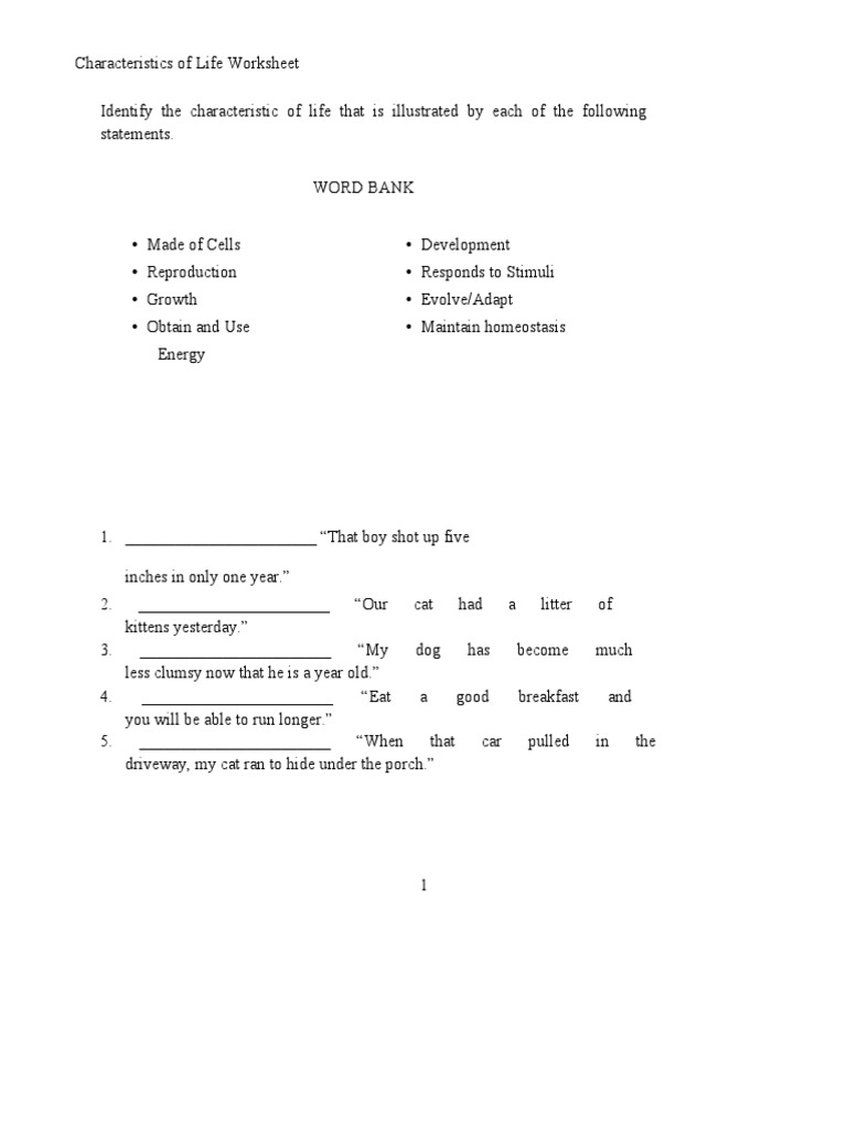 High School Life Characteristics Worksheet | PDF | Life | Organ (Anatomy)