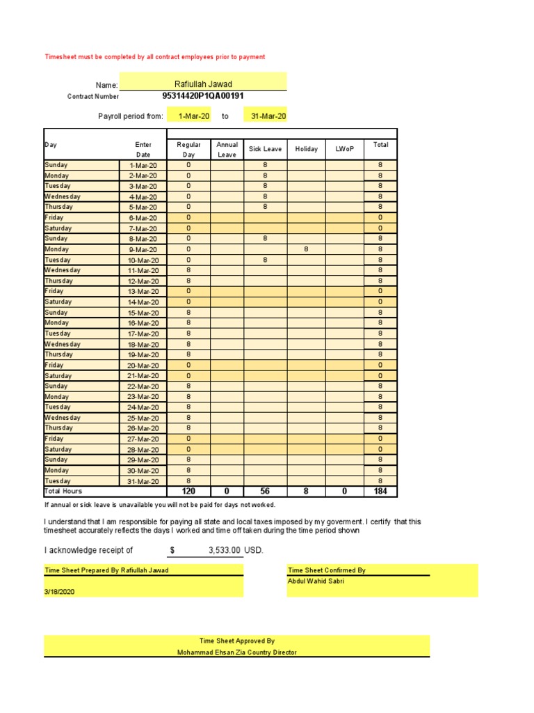 March 2020 Timesheet | PDF | Payroll | Payments