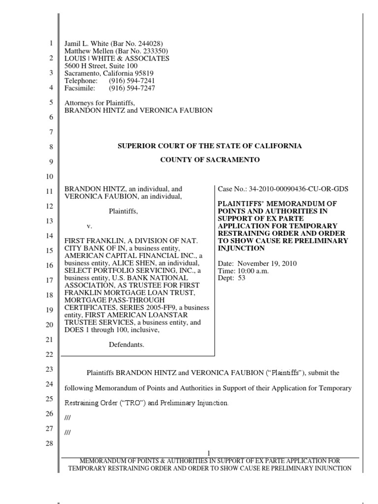 Ex Parte Application for TRO in Foreclosure Case | PDF | Injunction ...