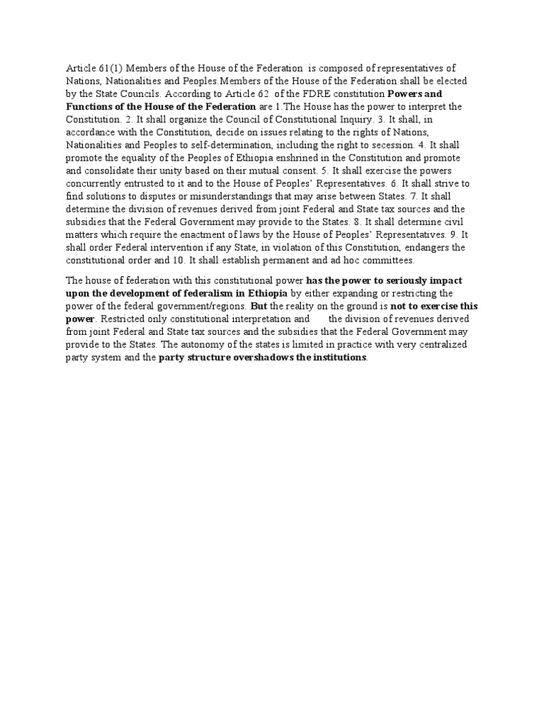 Functions of The House of The Federation Are 1.the House Has The Power ...