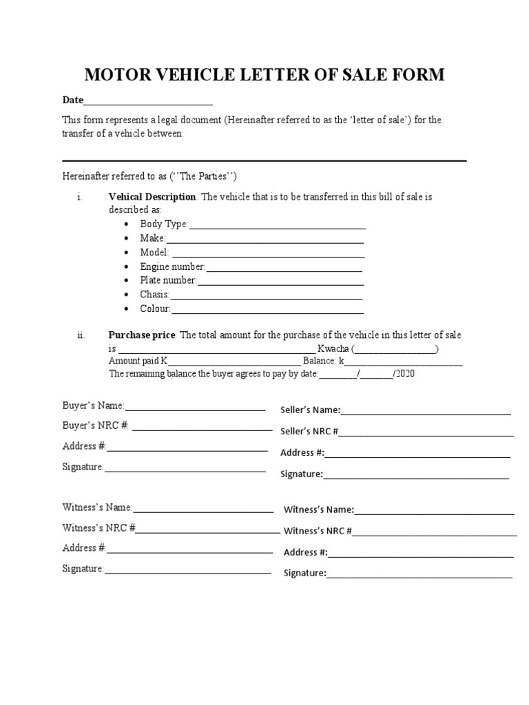 Motor Vehicle Letter of Sale Form | PDF