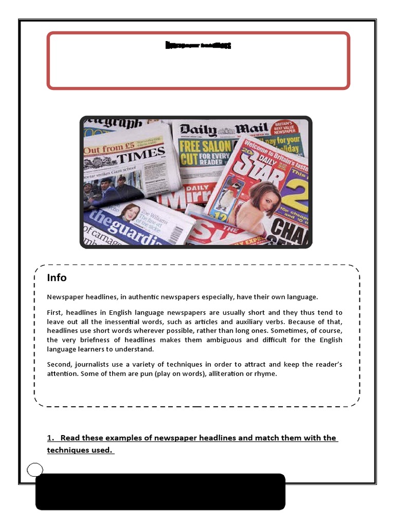 Newspaper Headlines Reading Comprehension Exercises - 15800 | Download ...