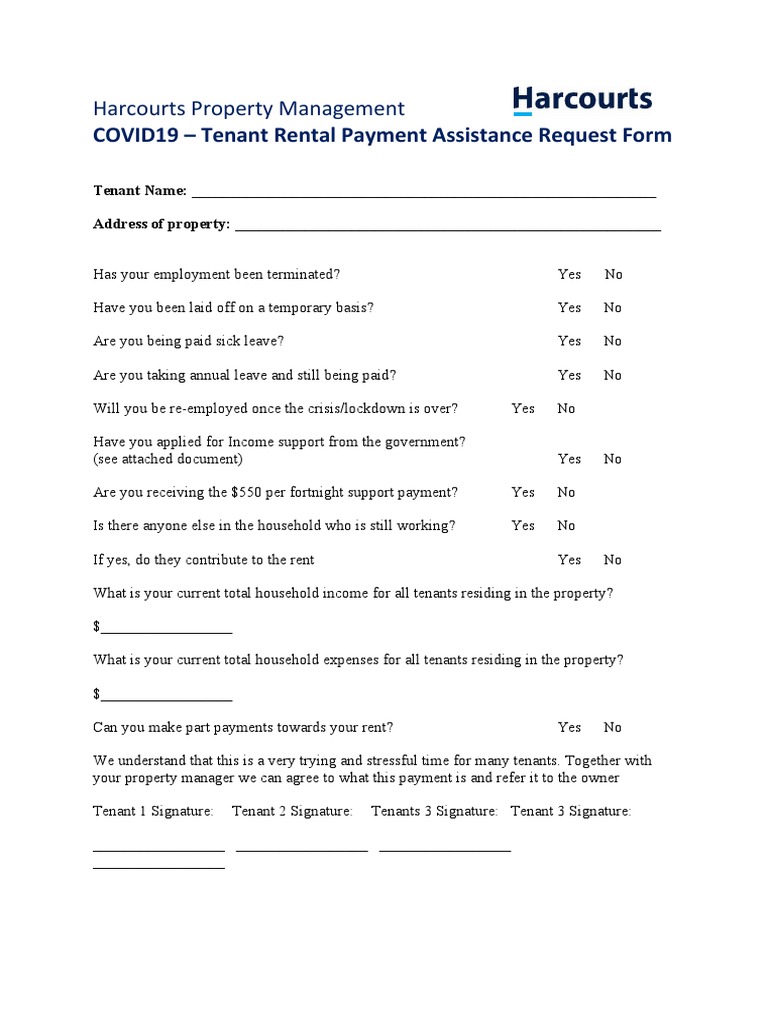 COVID19 - Tenant Rental Payment Assistance Request Form: Harcourts ...