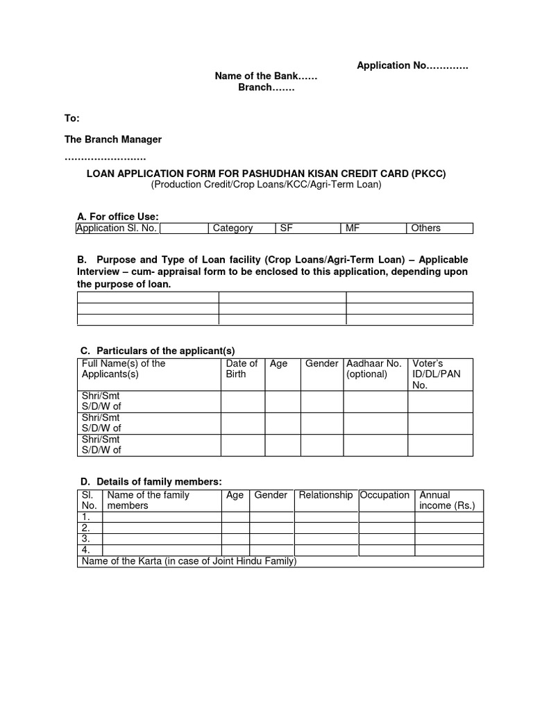 Loan Application Form for Pashudhan Kisan Credit Card (PKCC | PDF ...
