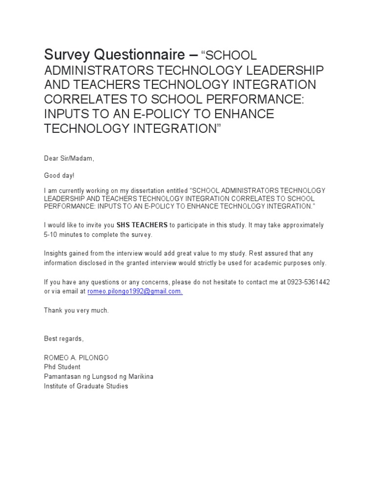 Survey Questionnaire | PDF | Strategic Planning | Information