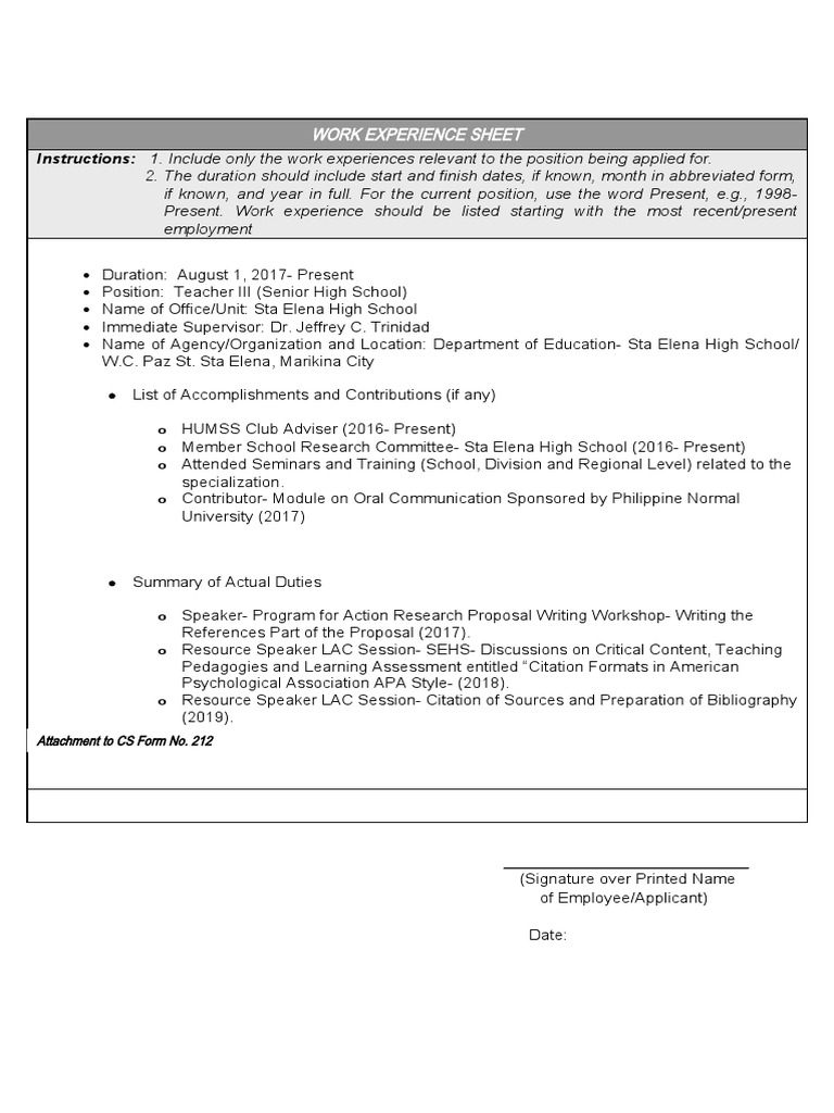 CS Form No. 212 Attachment - Work Experience Sheet | PDF