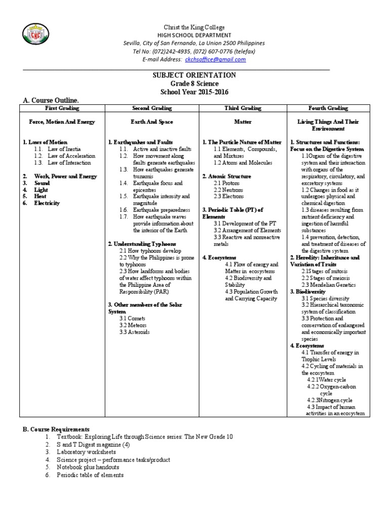 Grade 8 Science Subject Orientation | PDF | Earthquakes | Matter