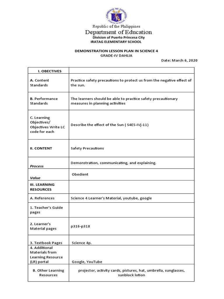 Grade 4 Lesson Plan | PDF | Sunscreen | Sunglasses