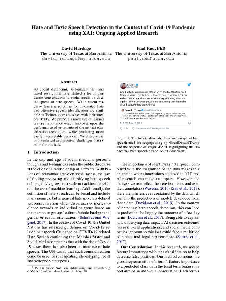 Hate and Toxic Speech Detection in The Context of Covid 19 Pandemic Using Xai Ongoing Applied ...