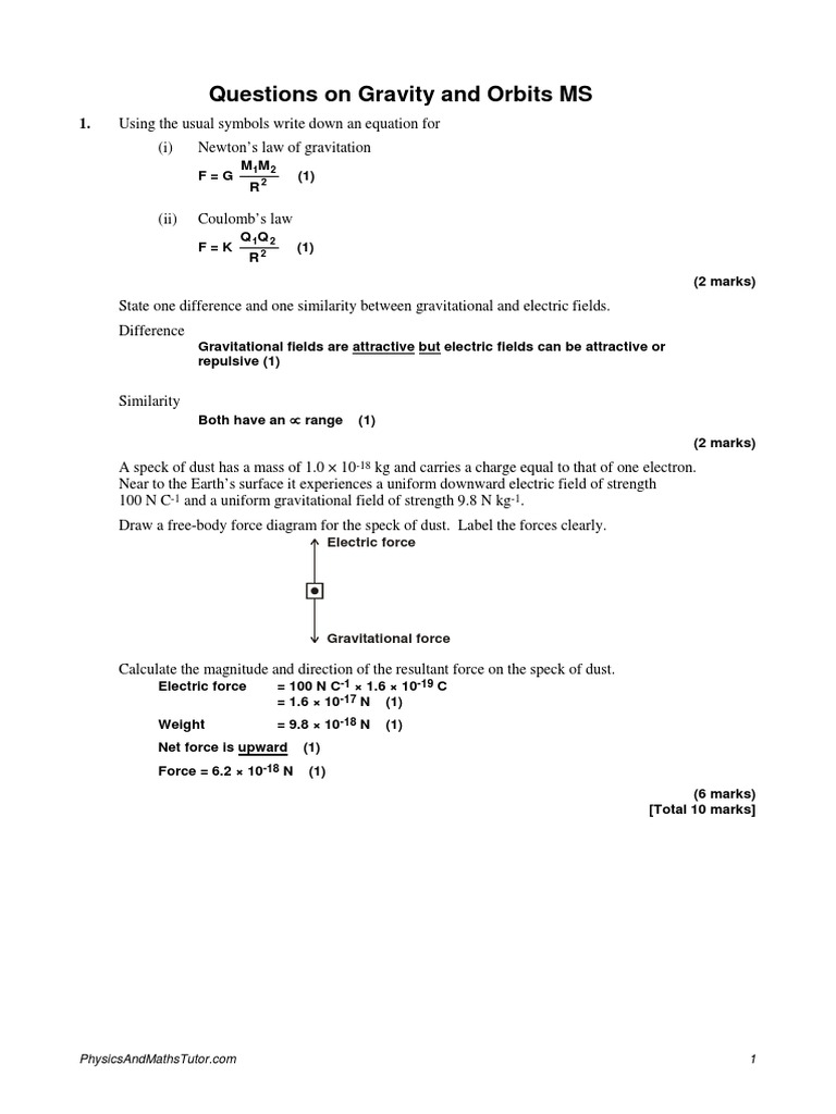 Questions On Gravity and Orbits MS: Electric Force | Download Free PDF ...