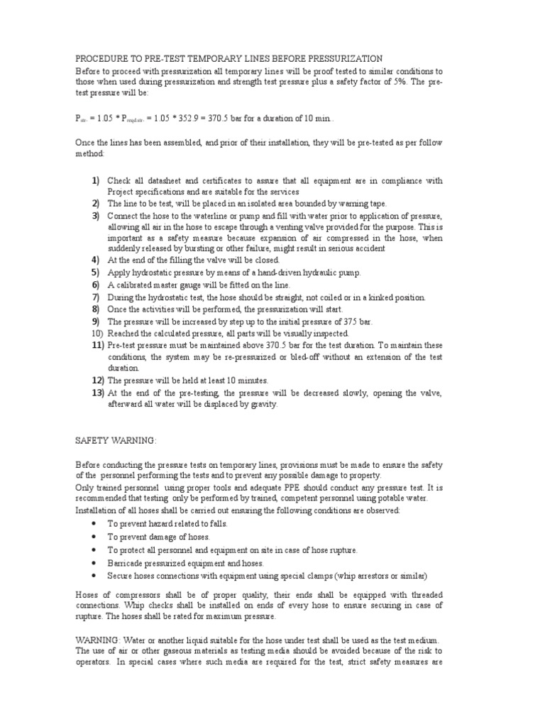 Procedure To Pre-Test Temporary Lines Before Pressurization | PDF ...