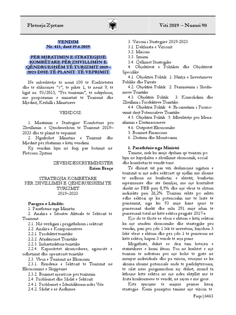 VKM Nr.413 Date 19.06.2019 - Strategjia Kombetare Per Zhvillimin e Turizmit 2019-2023 PDF | PDF
