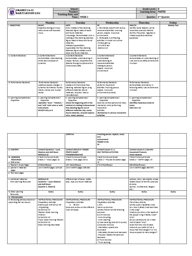 Grade 2 DLL MAPEH 2 Q4 Week 2 | PDF | Curriculum | Foot