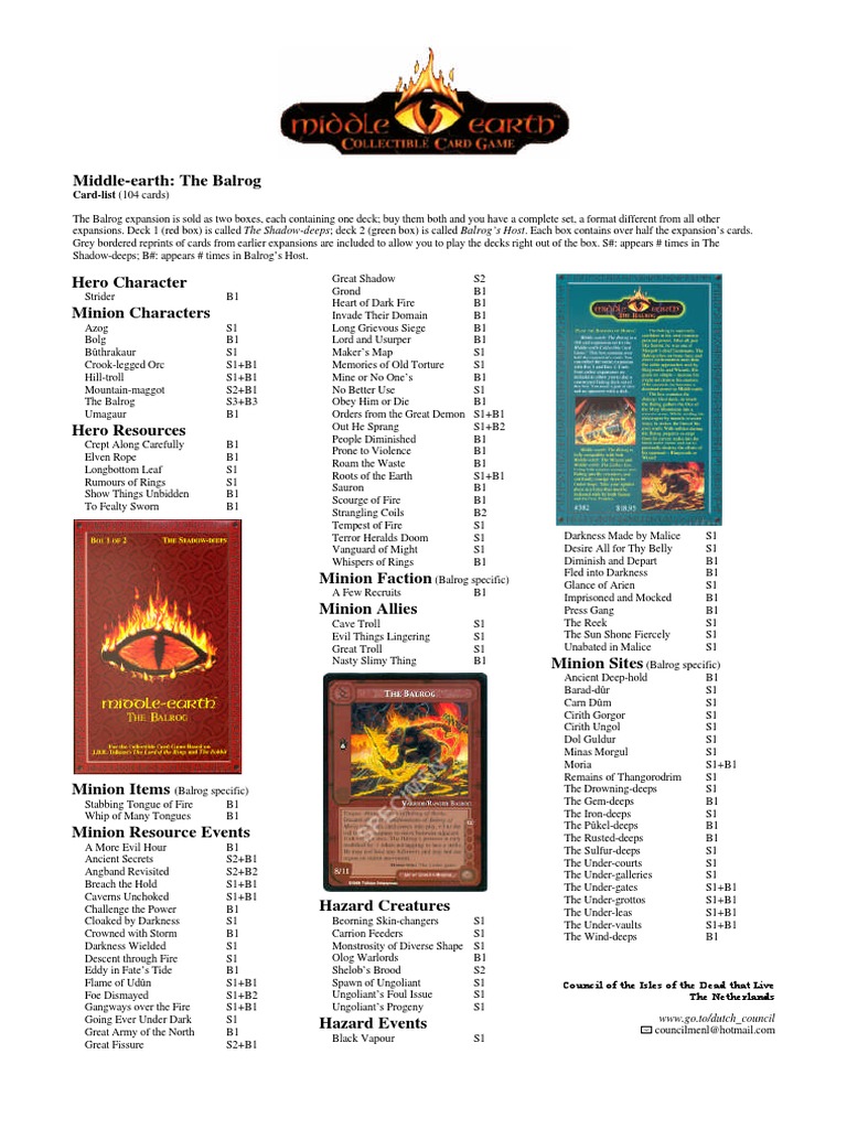Middle-Earth: The Balrog: Card-List (104 Cards) | PDF | Middle Earth ...