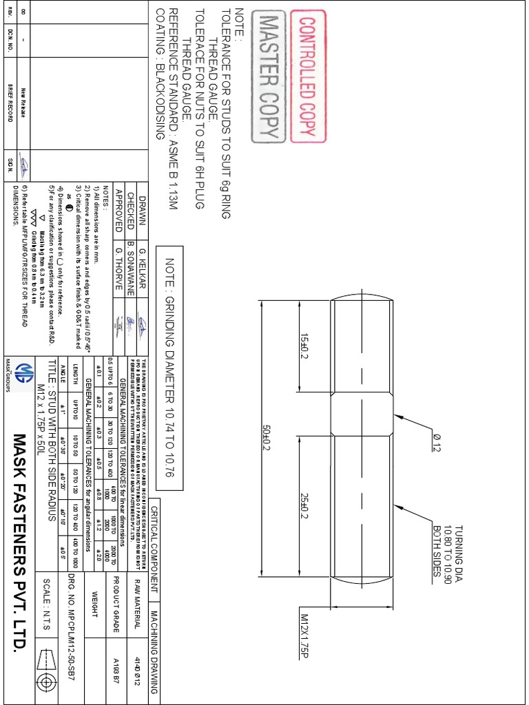 Machining Drawing for a M12 x 1.75P x 50mm Stud with Bilateral Radius ...