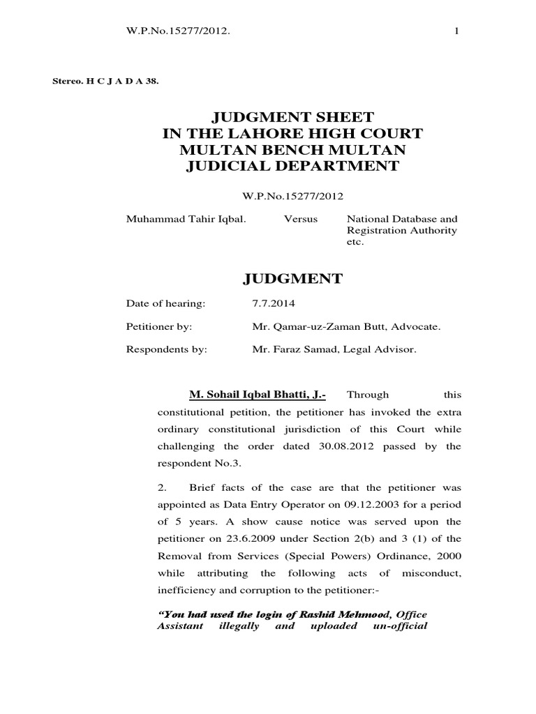Judgment Sheet in The Lahore High Court Multan Bench Multan Judicial ...