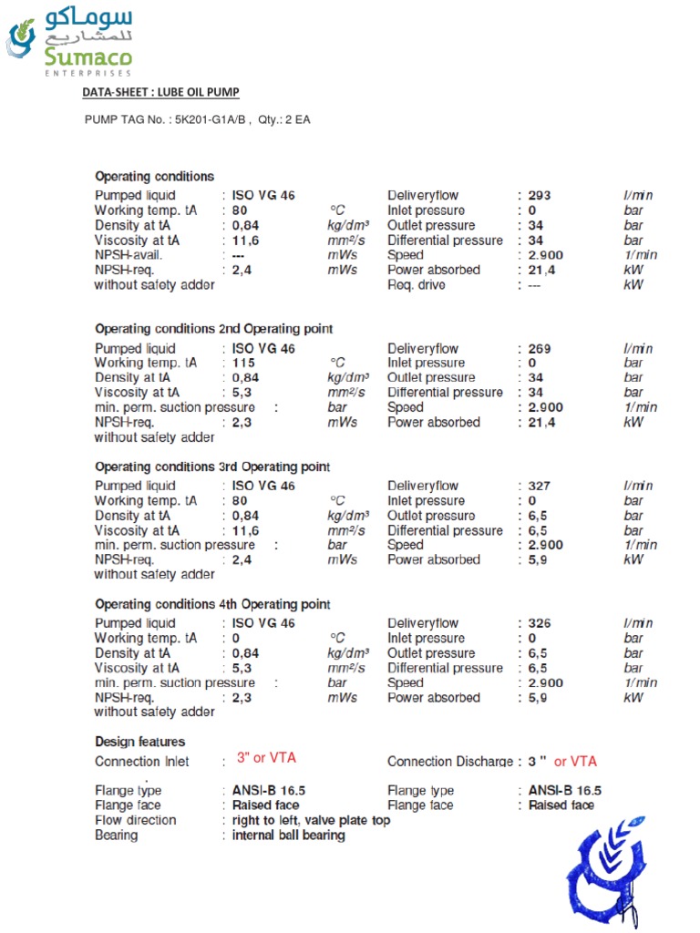 Data-Sheet: Lube Oil Pump PUMP TAG No.: 5K-201-G1A | PDF