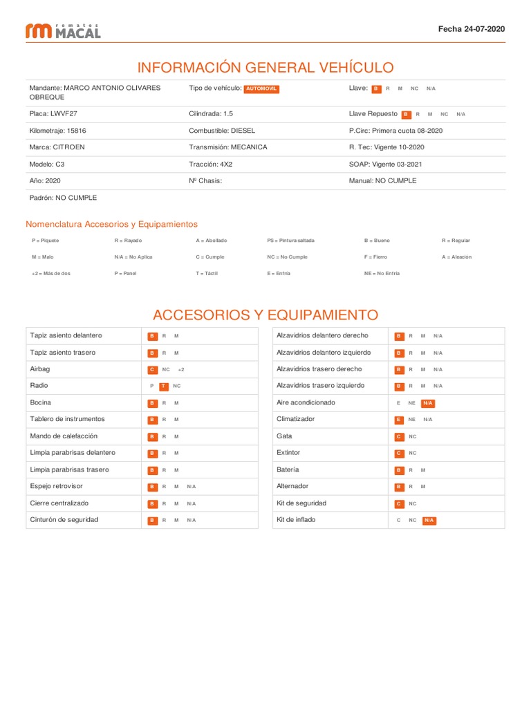 Inspección Visual Macal CITROEN C3 PDF | PDF | Vehículos con tracción ...