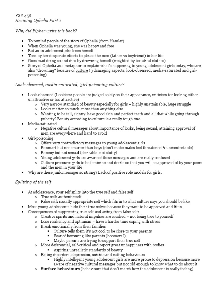 Reviving Ophelia Part 1 Outline | PDF | Self | Adolescence