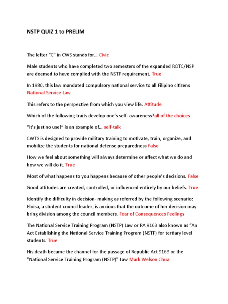 NSTP Quiz 1 To Prelim | PDF | Cognition | Behavior Modification