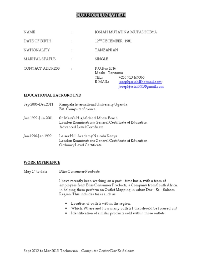 Josiah Mutatina's CV Summary | PDF | Sales | Business