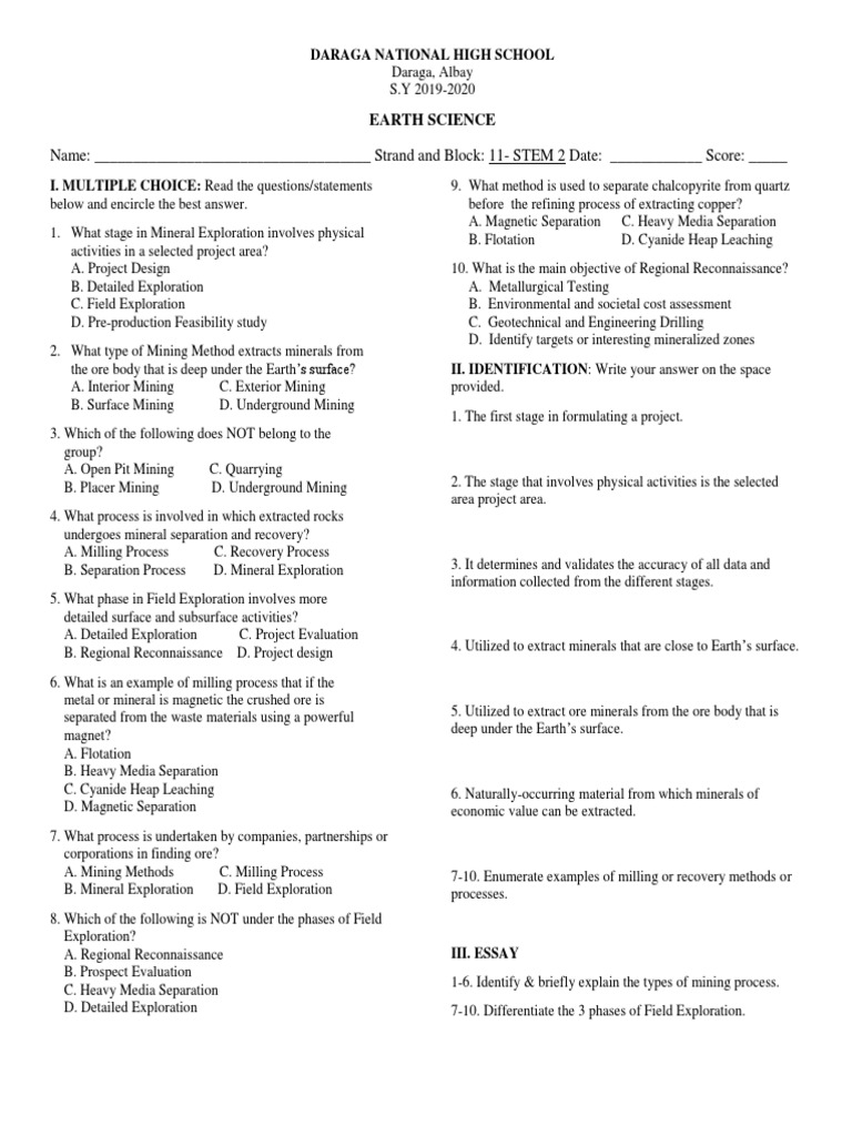 Mineral Exploration and Mining Methods Quiz | PDF | Mining | Heavy Industry