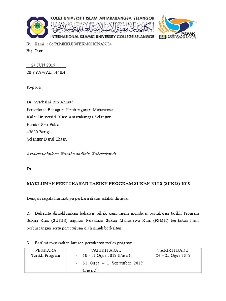 Surat Pertukaran Tarikh | PDF