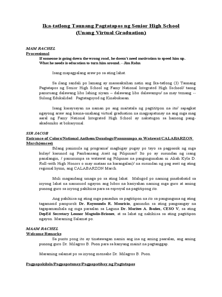 Tagalog Script For Fnihs Graduation | PDF